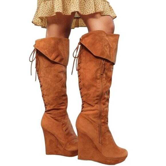 Shiekh | Shoes | Shiekh Crisscross Back Wedge Heel Boots | Poshmark